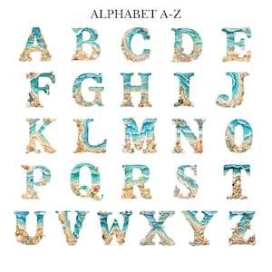 Beach Alphabet Clip Art: Seashell Ocean Letters, Coastal Numbers (PNG ...