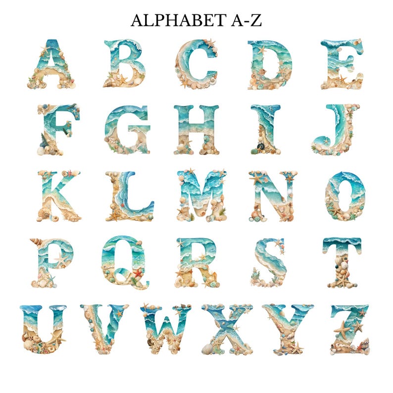 Beach Alphabet Clip Art: Seashell Ocean Letters, Coastal Numbers (PNG ...