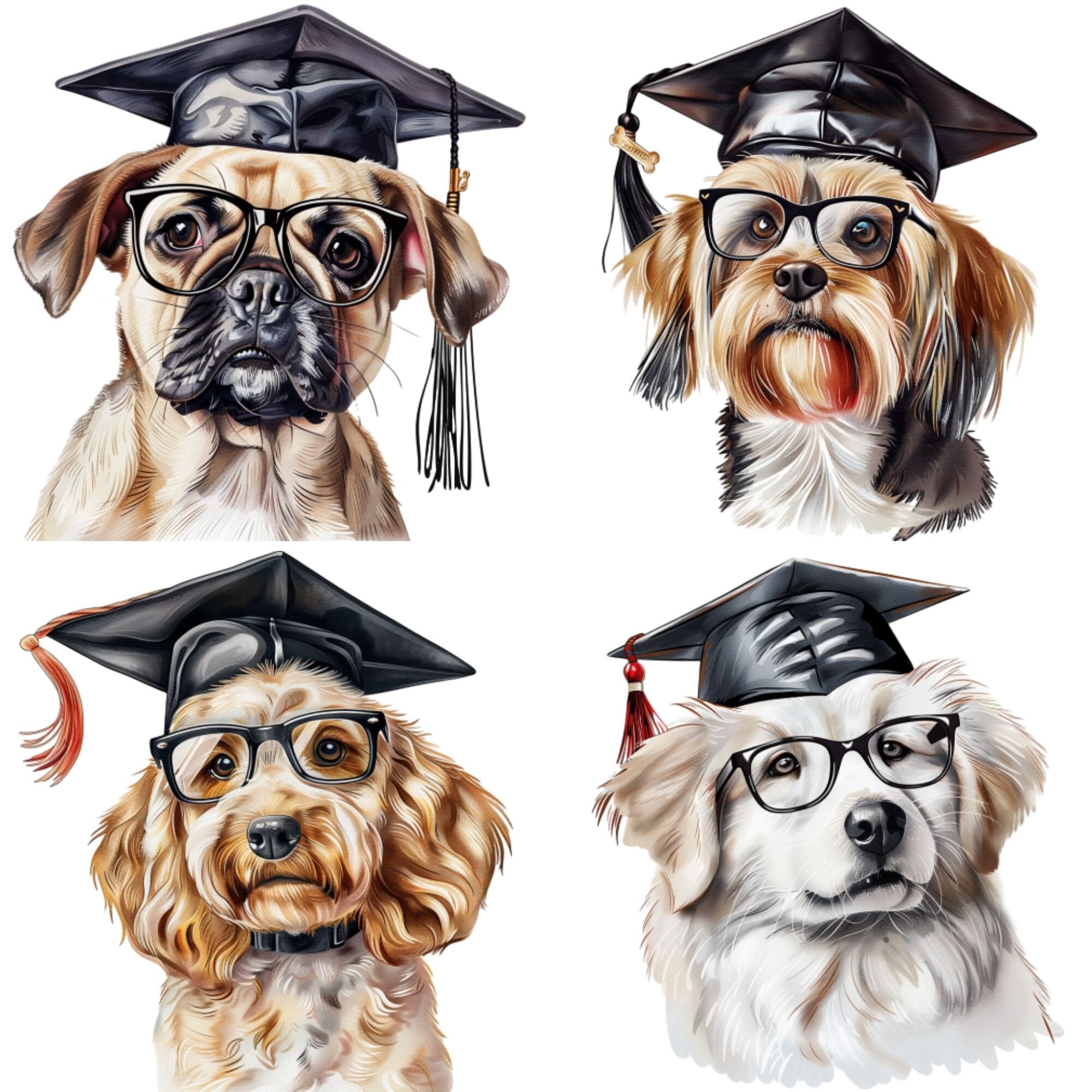 Graduated Dogs Clipart - Many Breeds With Caps and Glasses, 300 DPI PNG ...