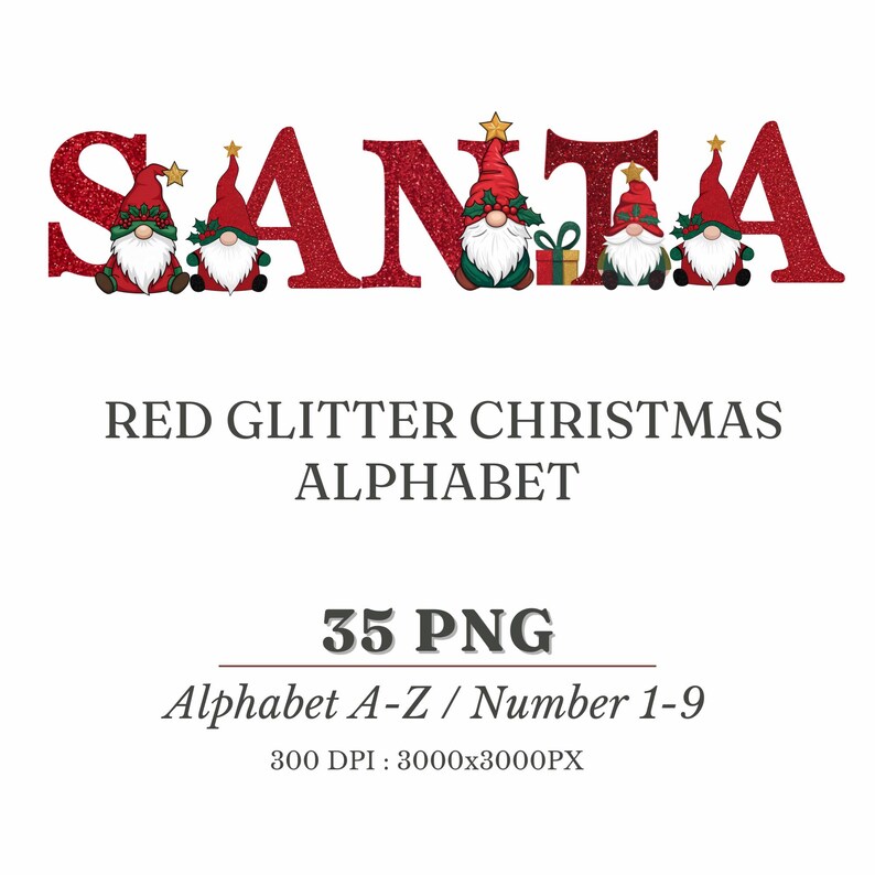 Christmas Gnome Alphabet Clipart: Red Glitter Letters (digital Download ...