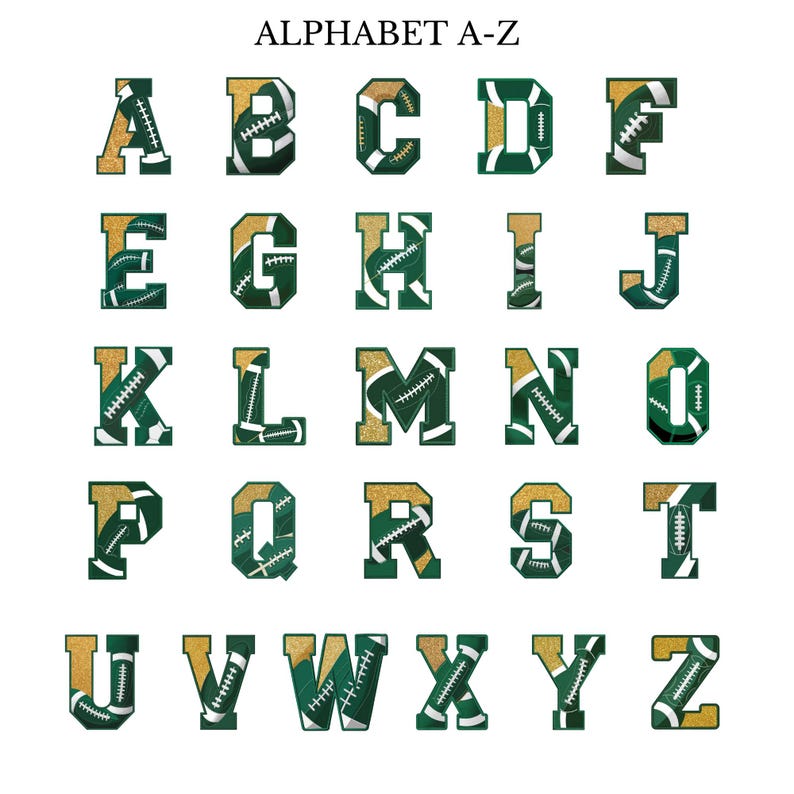 Green Football Alphabet, Faux Embroidery Stitch Alpha, American ...