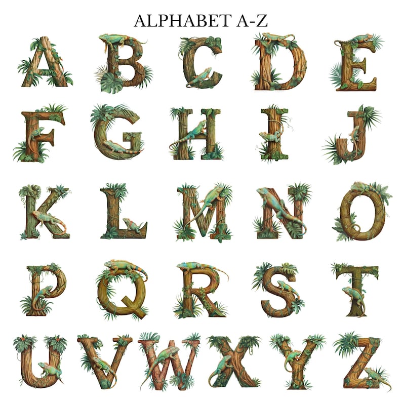 Tropical Jungle Alphabet A-Z Numbers 1-9 Clip Art - 300 DPI PNG - Lush ...