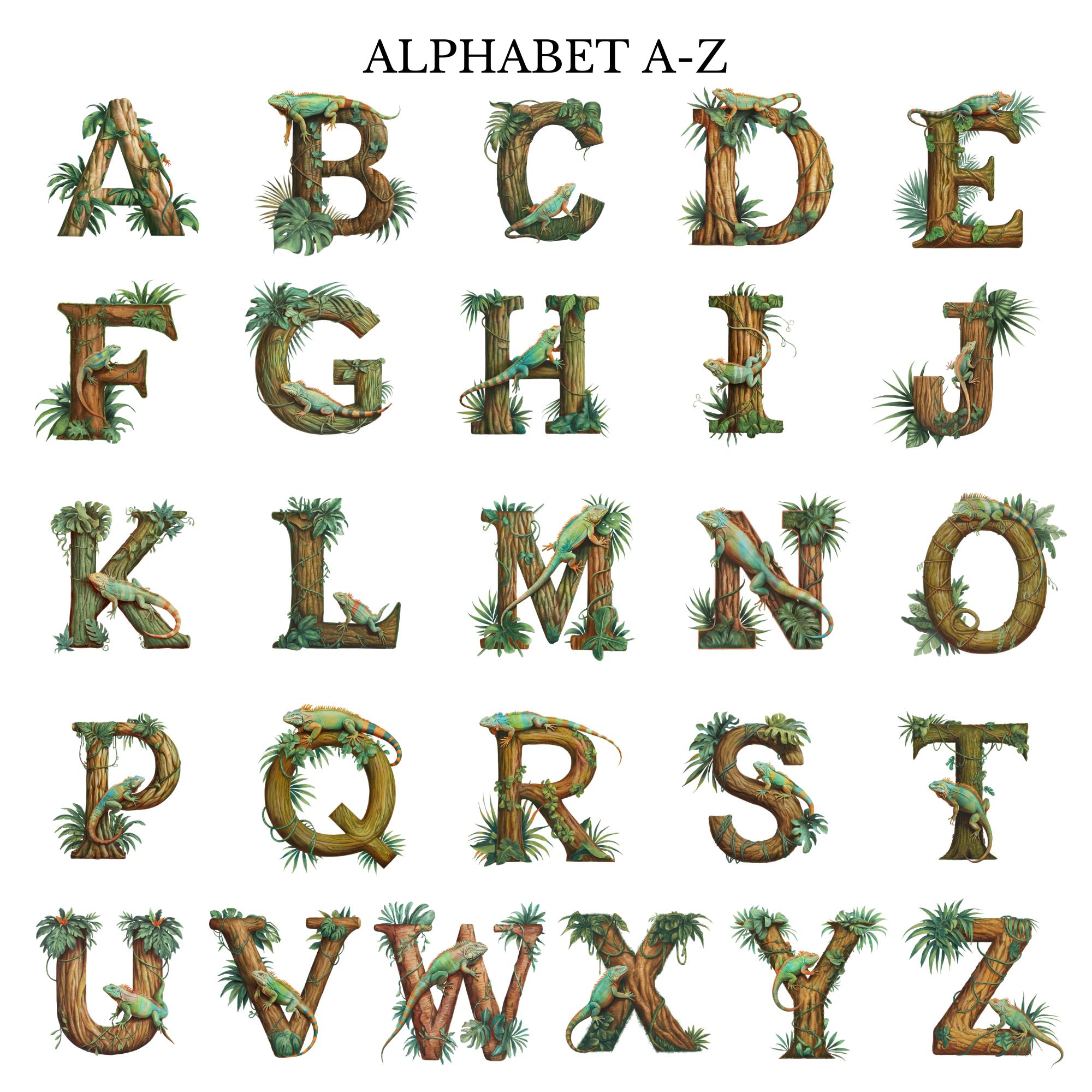 Tropical Jungle Alphabet A-Z Numbers 1-9 Clip Art - 300 DPI PNG - Lush ...