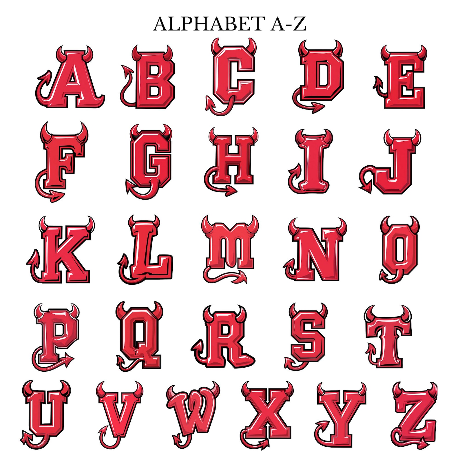 Devil Horns Gothic Font Clipart: Red Halloween Alphabet, Numbers (PNG ...