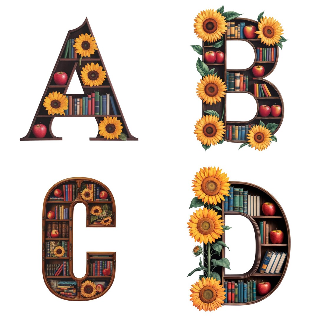 Sunflower Bookshelf Alphabet Clipart: Teacher Classroom Decor (PNG ...