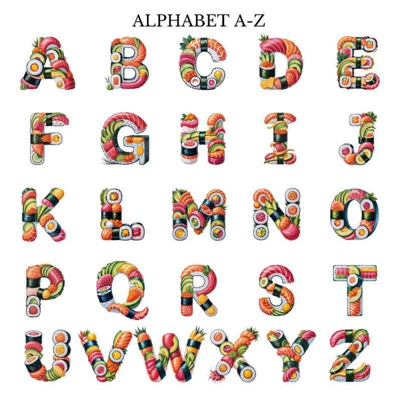 Sushi Alphabet Clipart: A-Z & 1-9 Kawaii Japanese Food Letters (300 DPI ...