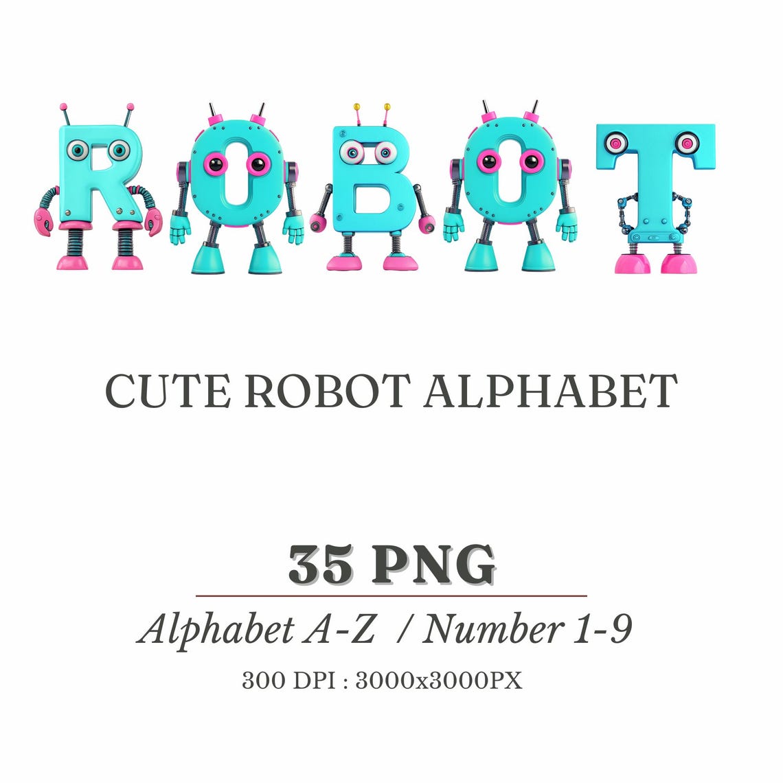 Cute Robot Alphabet & Number Clip Art – A-Z, 1-9 (300 DPI PNG Digital ...