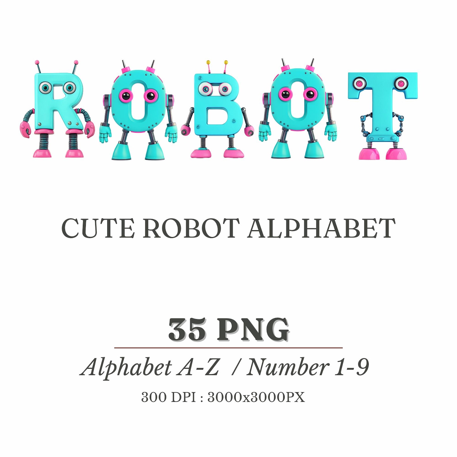 Cute Robot Alphabet Letters A-Z Numbers 1-9 Clip Art Set - 300 DPI PNG ...
