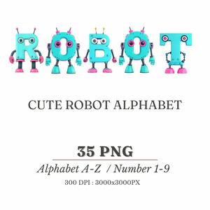 Cute Robot Alphabet & Number Clip Art – A-Z, 1-9 (300 DPI PNG Digital ...