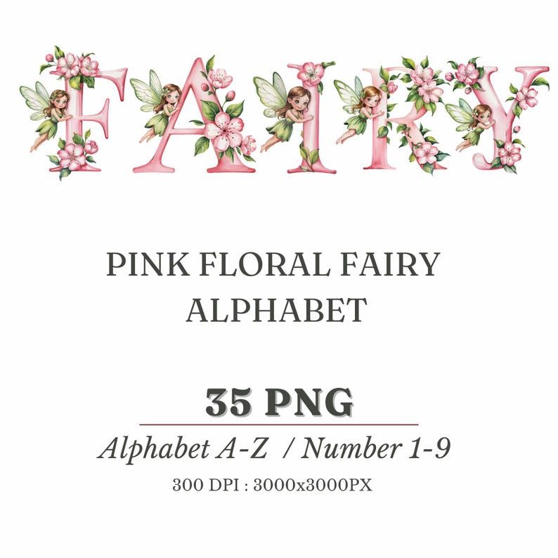 Watercolor Fairy Alphabet PNG: Pink Floral Letters & Numbers (digital ...