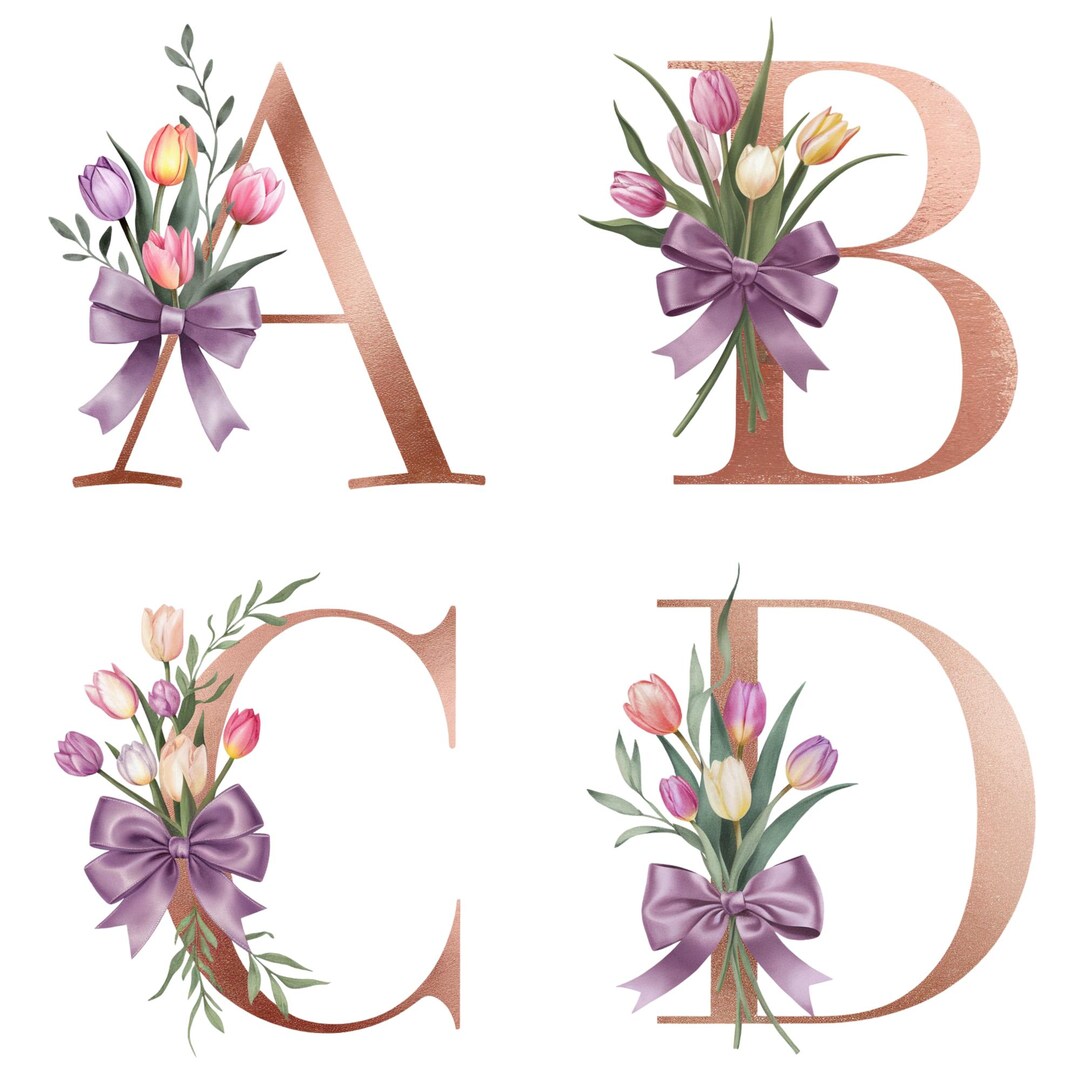 Elegant Rose Gold Tulip Alphabet Clipart | A-Z Letters & 1-9 Numbers ...
