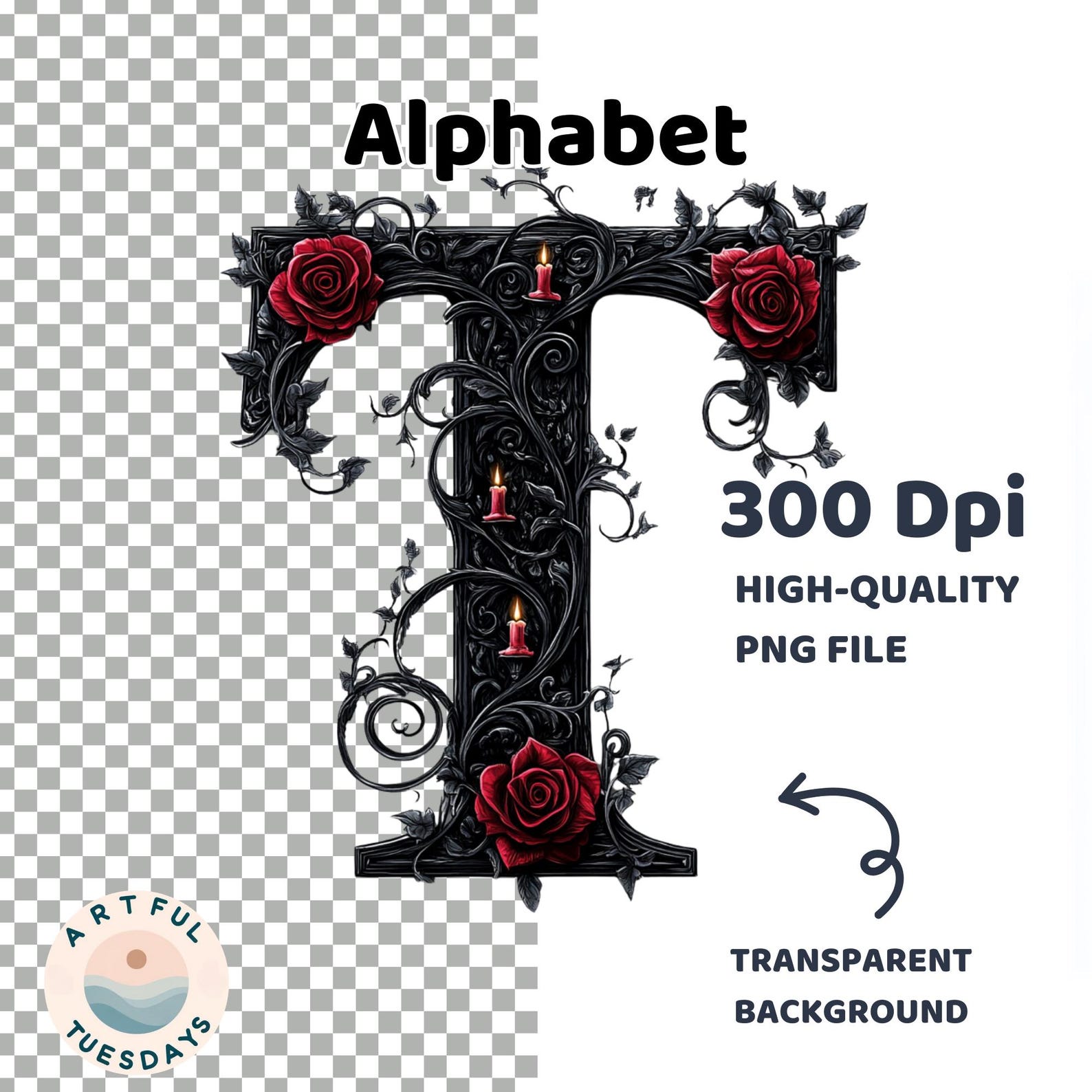 Gothic Rose Font Clip Art: Dark Alphabet, Numbers (PNG Digital Download ...