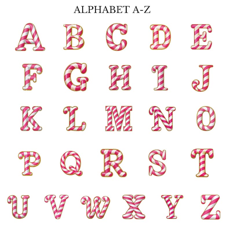 Candy Cane Alphabet Clipart A-Z , 0-9 | Pink & White Stripes With Gold ...