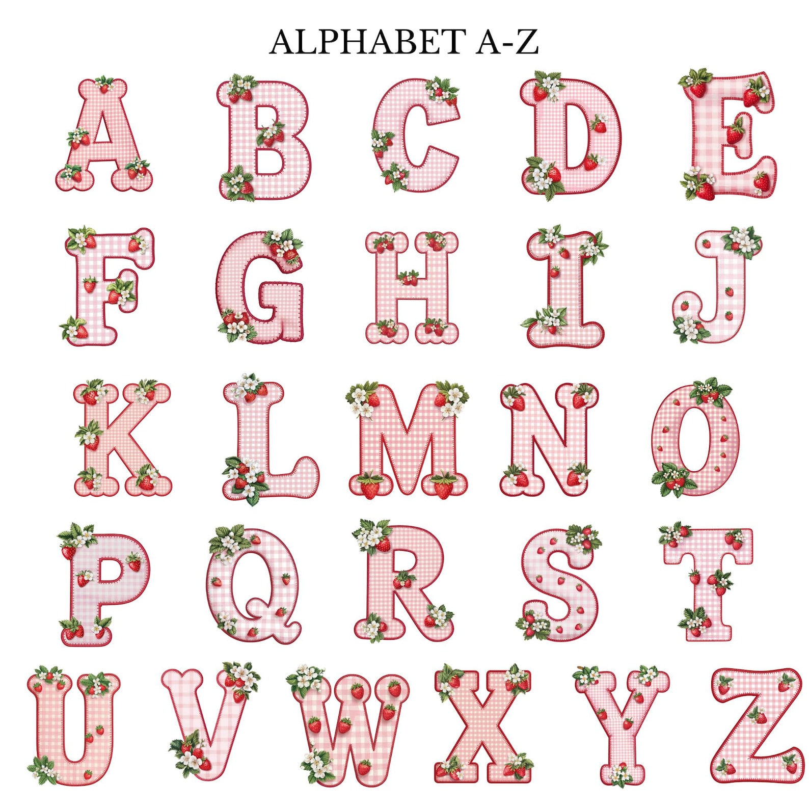 Strawberry Floral Alphabet Clip Art: Pink Gingham Letters & Numbers ...