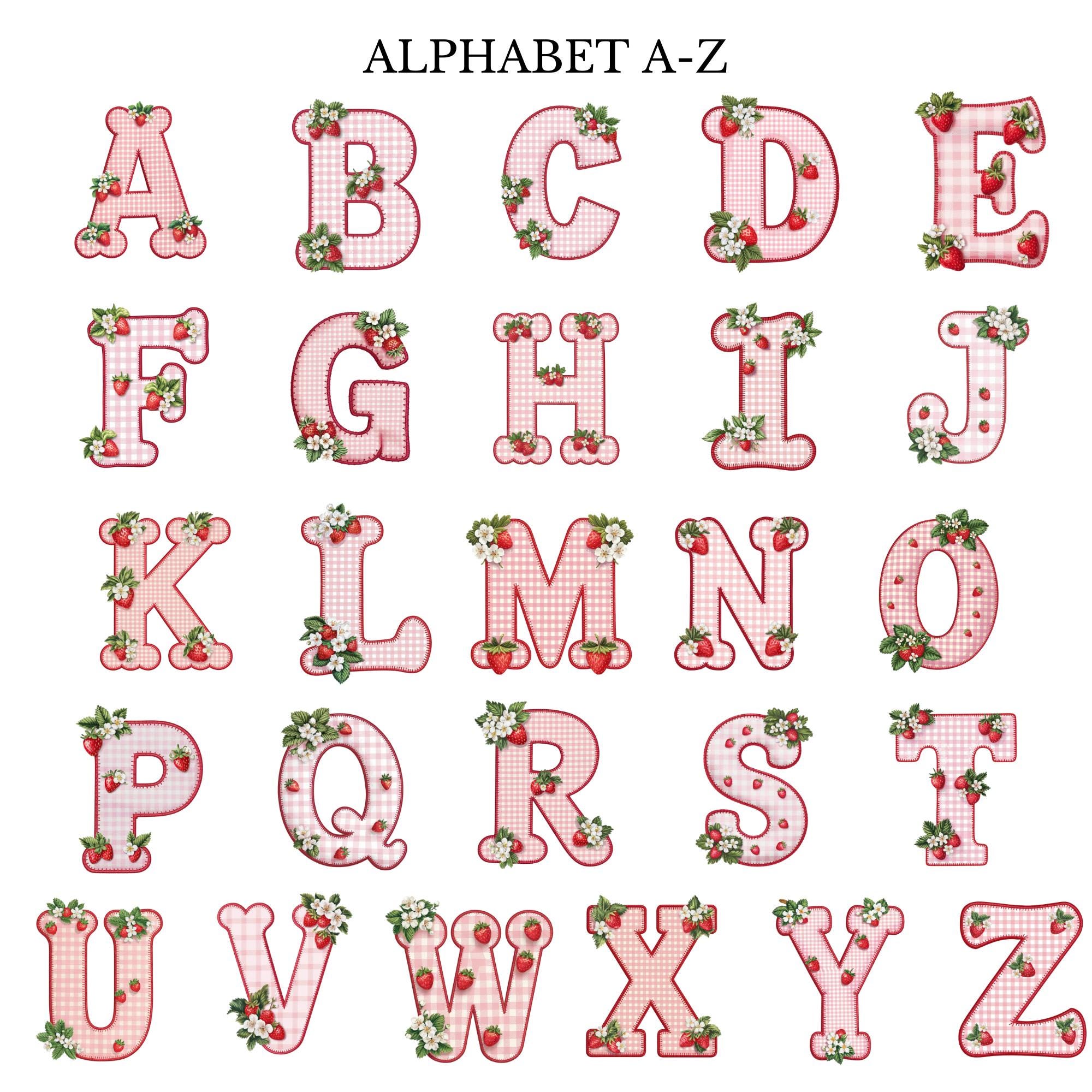 Strawberry Floral Alphabet Clip Art: Pink Gingham Letters & Numbers ...
