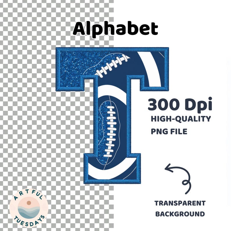 Blue Football Alphabet & Numbers: Glitter Faux Stitch PNG Clip Art ...