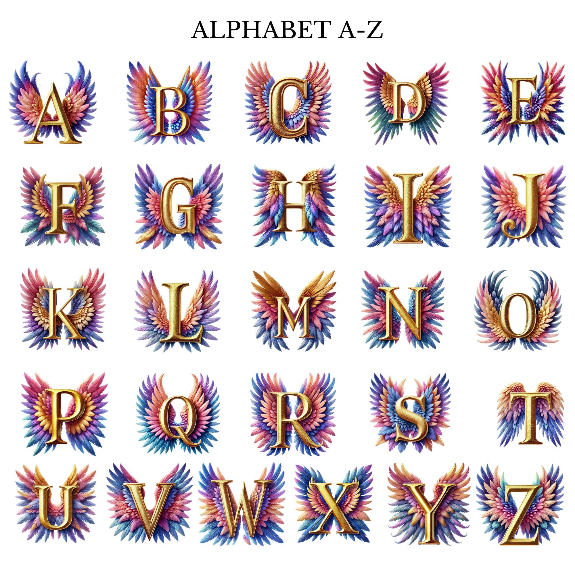 Golden Winged Alphabet Letters & Numbers Clipart, A-Z 1-9, 300 DPI PNG ...