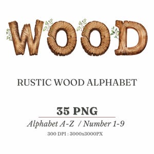 Rustic Wood Alphabet & Numbers Clip Art: Boho Woodland PNG (digital ...