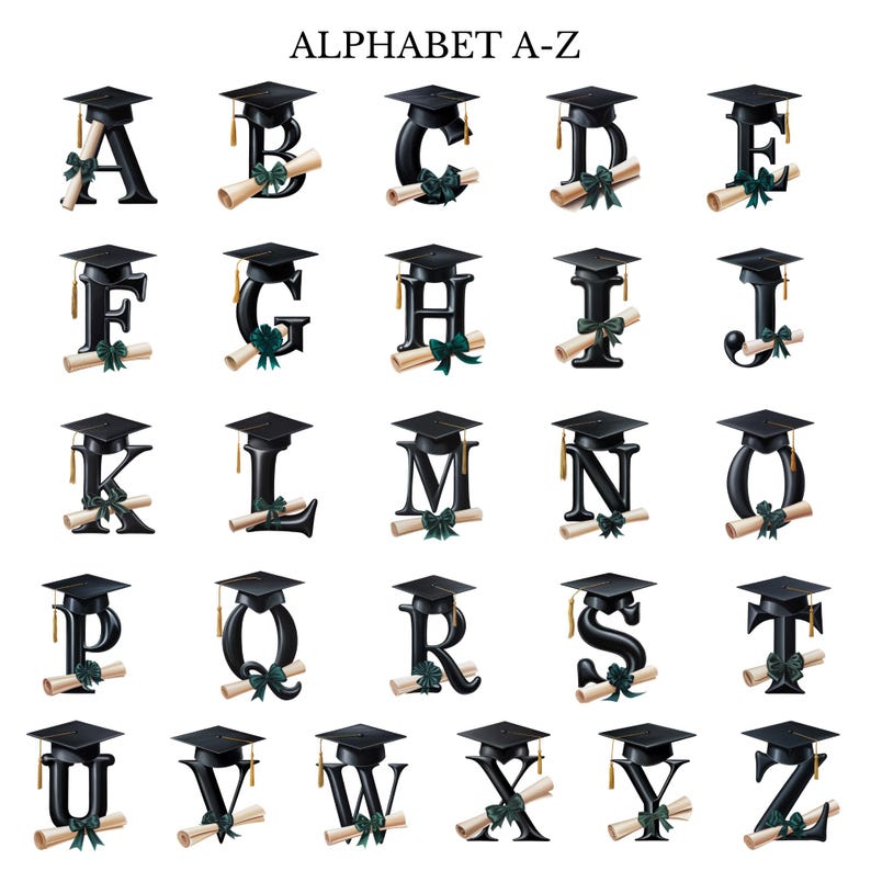 Graduation Alphabet Clipart: Black Cap, Green Ribbon (PNG Digital ...