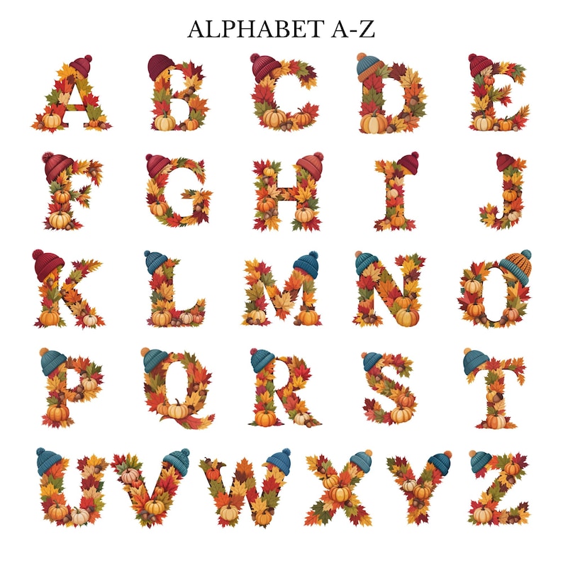 Fall Alphabet Clipart: Pumpkin & Leaf Letters With Beanies (300 DPI PNG ...