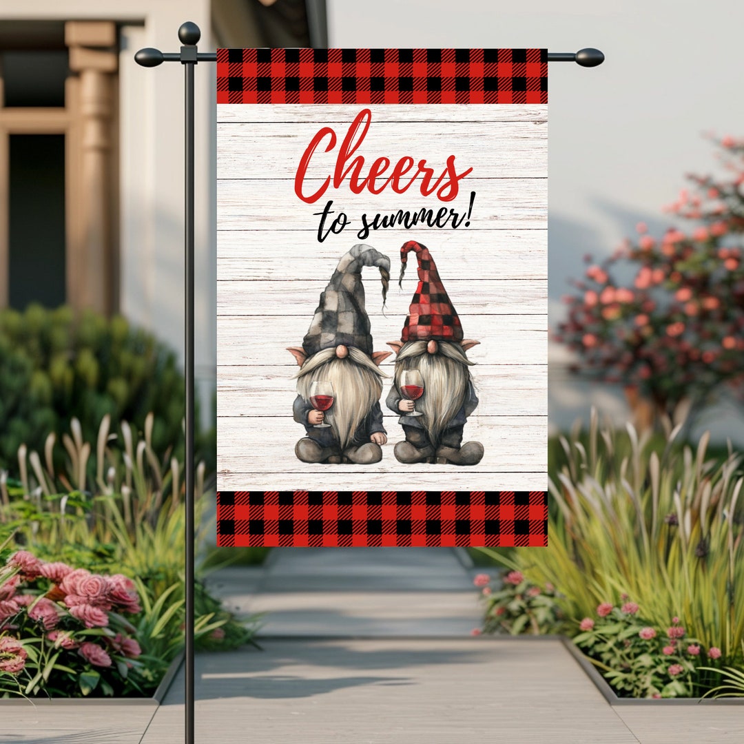 Cheers to Summer Garden Flag - Gnomes With Wine Glass, 12x18 Inch ...