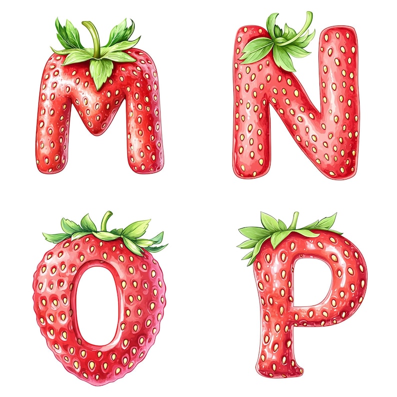 Strawberry Alphabet Clip Art: Fruit Letters, Numbers (PNG Digital ...