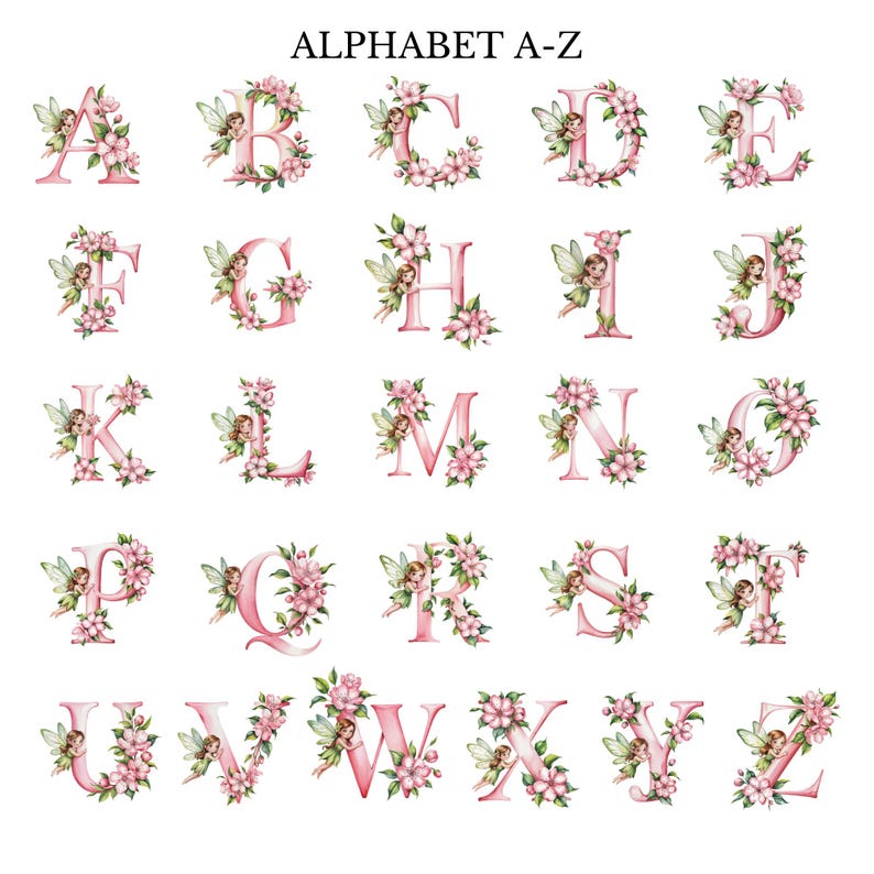 Pink Floral Fairy Alphabet Letters & Numbers PNG, Watercolor Fairy ABC ...