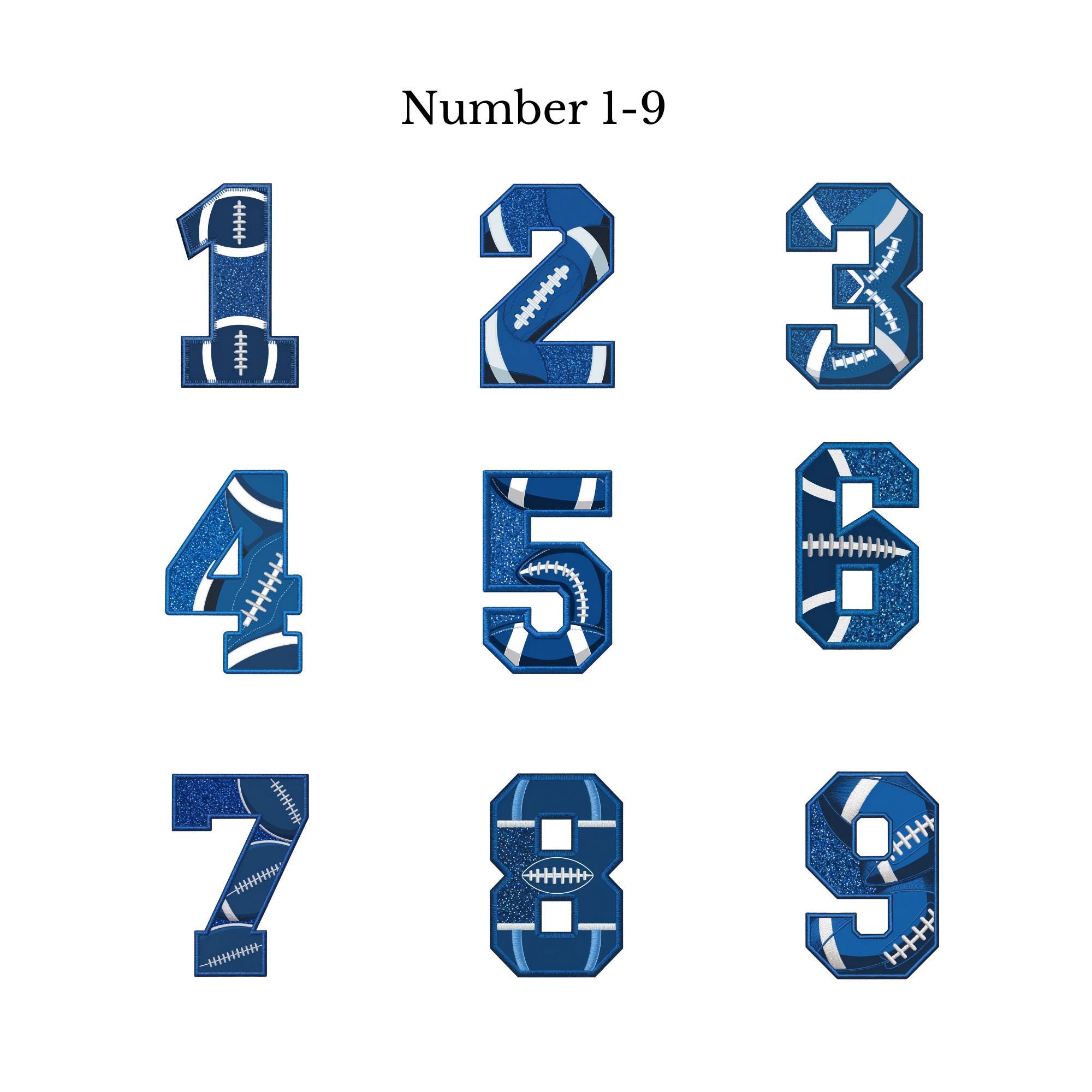 Blue Football Alphabet Letters A-Z, Numbers 0-9 | Faux Embroidery ...