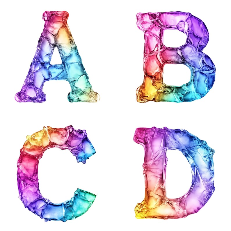 Watercolor Rainbow Ice Alphabet A-Z & Numbers 1-9 PNG, 3D Frozen Letter ...