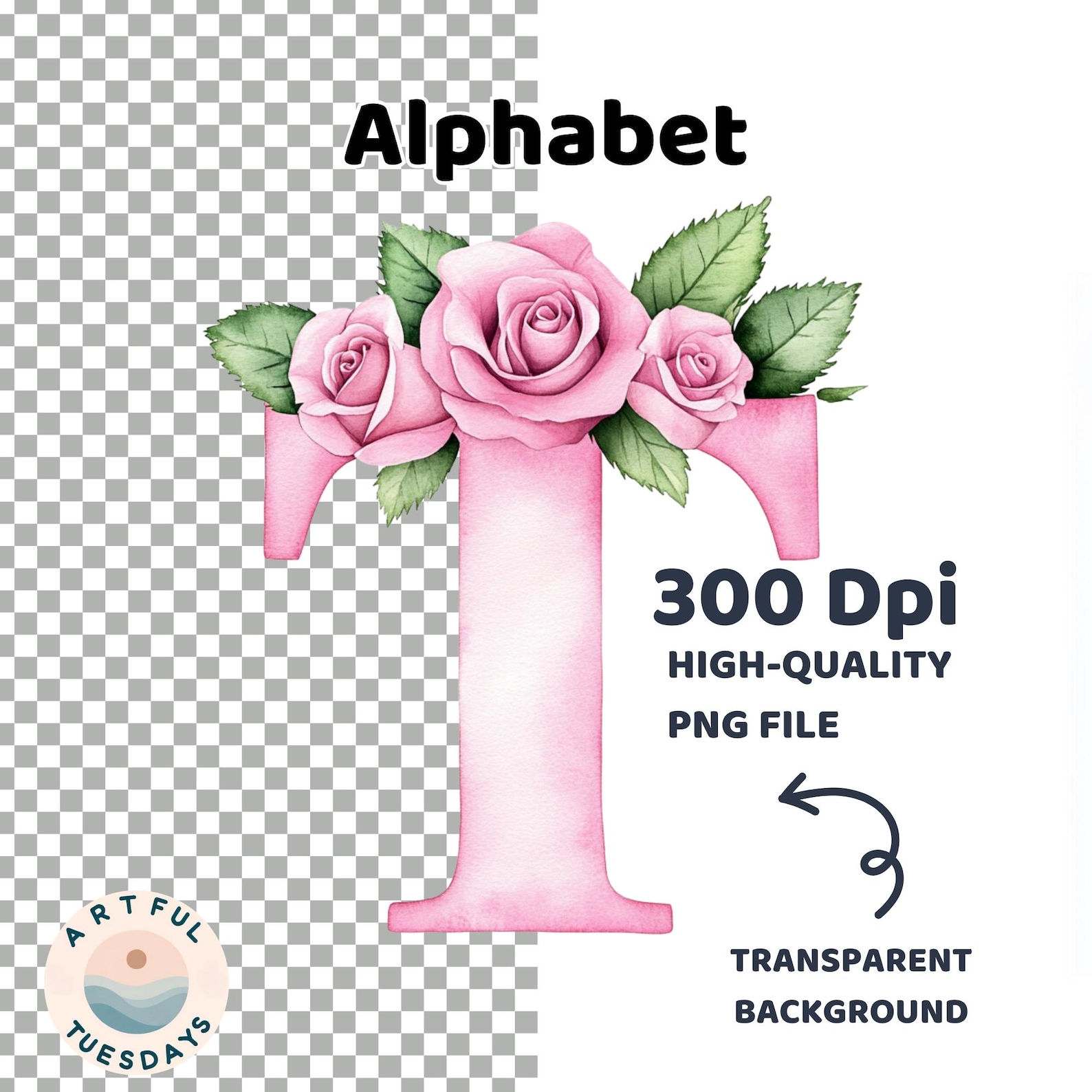 Floral Pink Rose Alphabet A-Z & Numbers 1-9 PNG, Watercolor Pink Rose ...