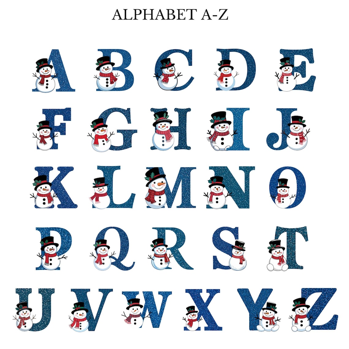 Blue Glitter Alphabet Clipart A-Z , 0-9 Snowman Design Christmas Clip ...