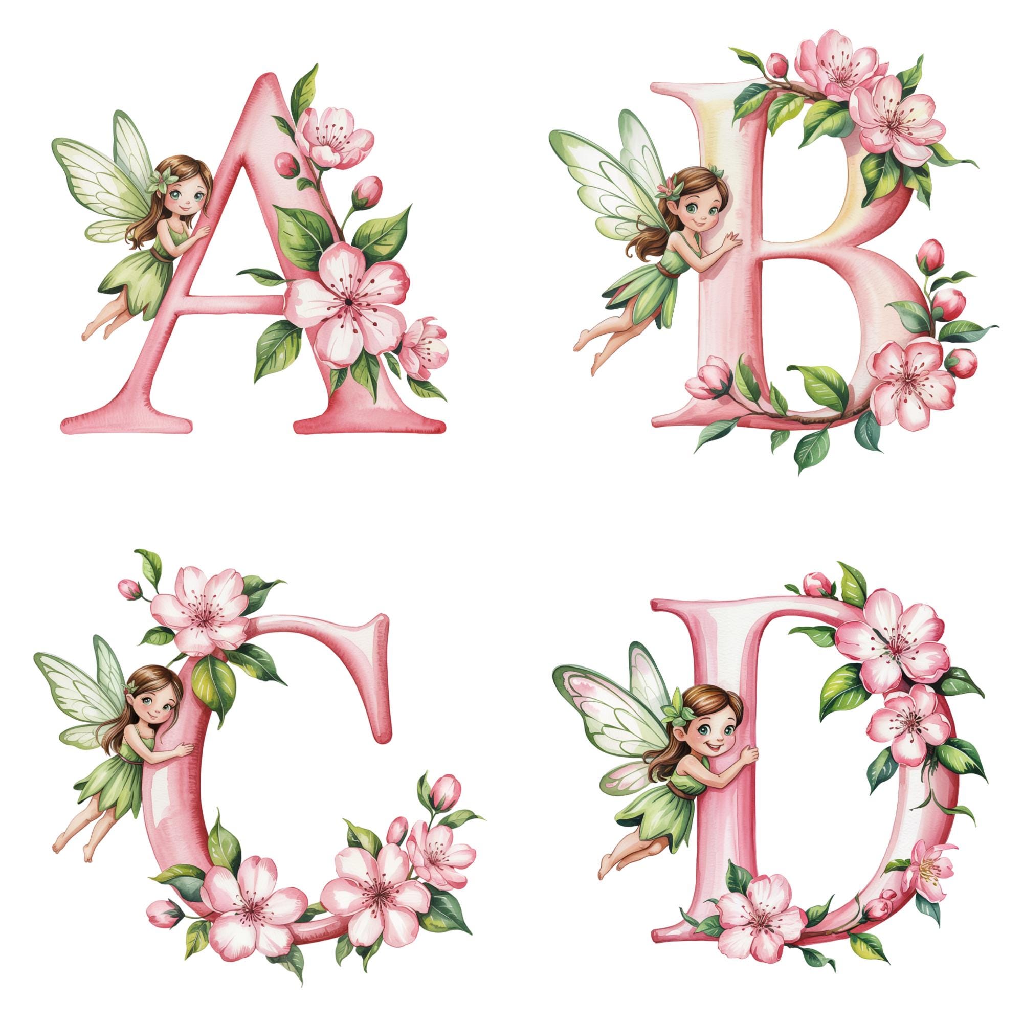 Pink Floral Fairy Alphabet Letters & Numbers PNG, Watercolor Fairy ABC ...