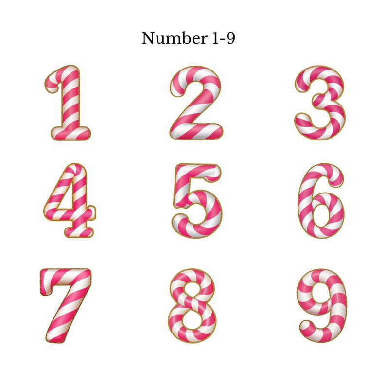 Candy Cane Alphabet Clipart A-Z , 1-9 | Pink & White Stripes With Gold ...