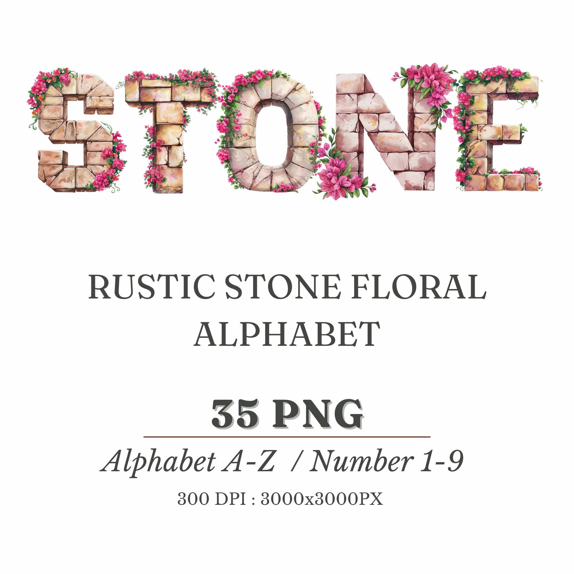Rustic Stone Floral Alphabet A-Z & Numbers 1-9 PNG, Watercolor Clipart ...
