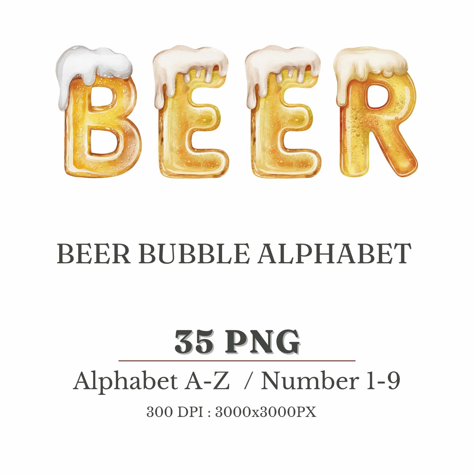 Beer Bubble Alphabet Clipart A-Z & Numbers 1-9, Beer Foam Letters, 300 ...