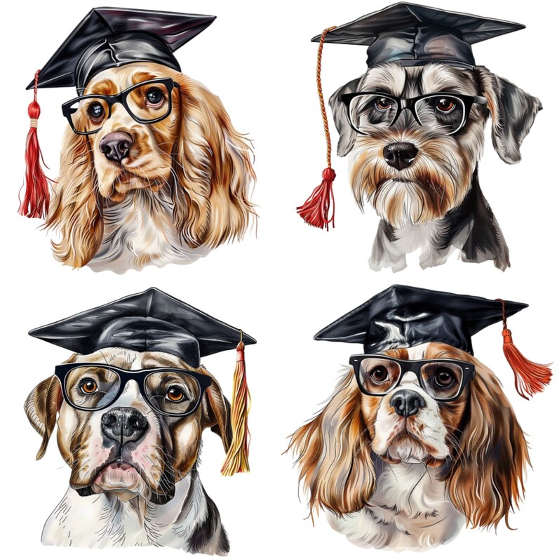 Graduated Dogs Clipart - Many Breeds With Caps and Glasses, 300 DPI PNG ...