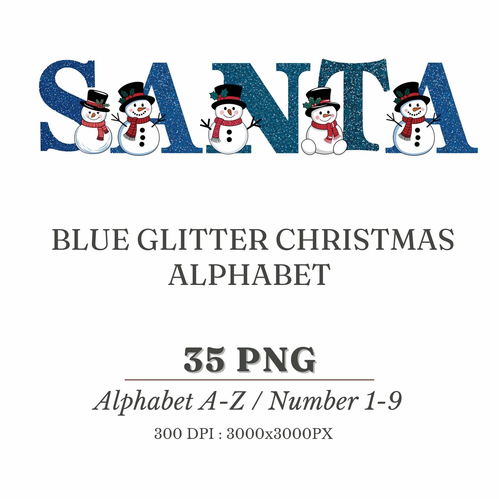 Blue Glitter Alphabet Clipart A-Z , 0-9 | Snowman Design | Christmas ...