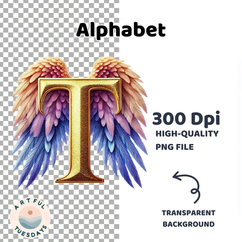 Golden Winged Alphabet Letters & Numbers Clipart, A-Z 1-9, 300 DPI PNG ...