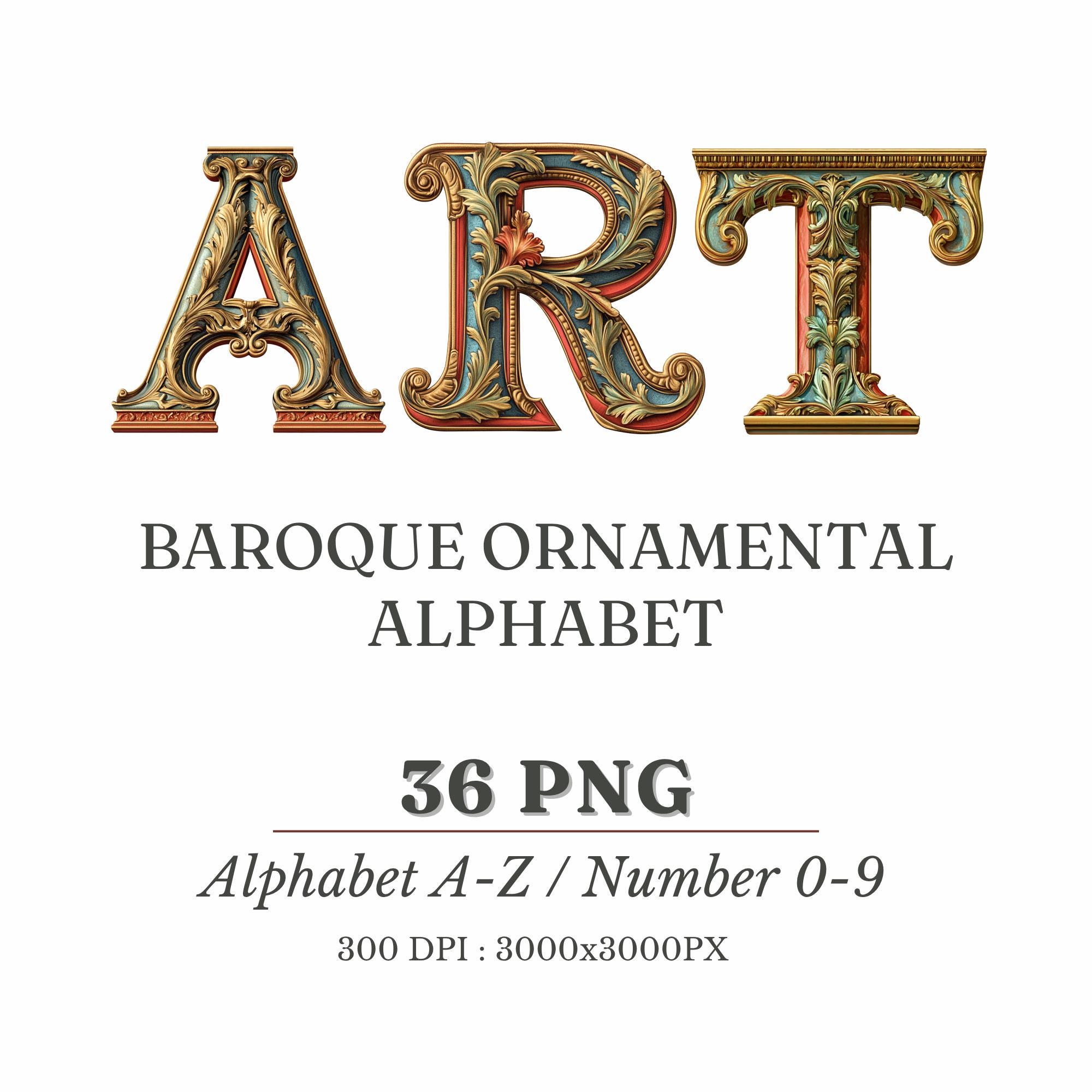 Baroque Gold Alphabet Clipart: Vintage Ornamental Letters, Numbers (PNG ...