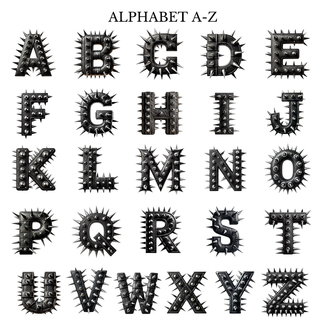 Punk Rock Alphabet Clipart A-Z, Numbers 1-9, 300 DPI PNG, Spiked ...