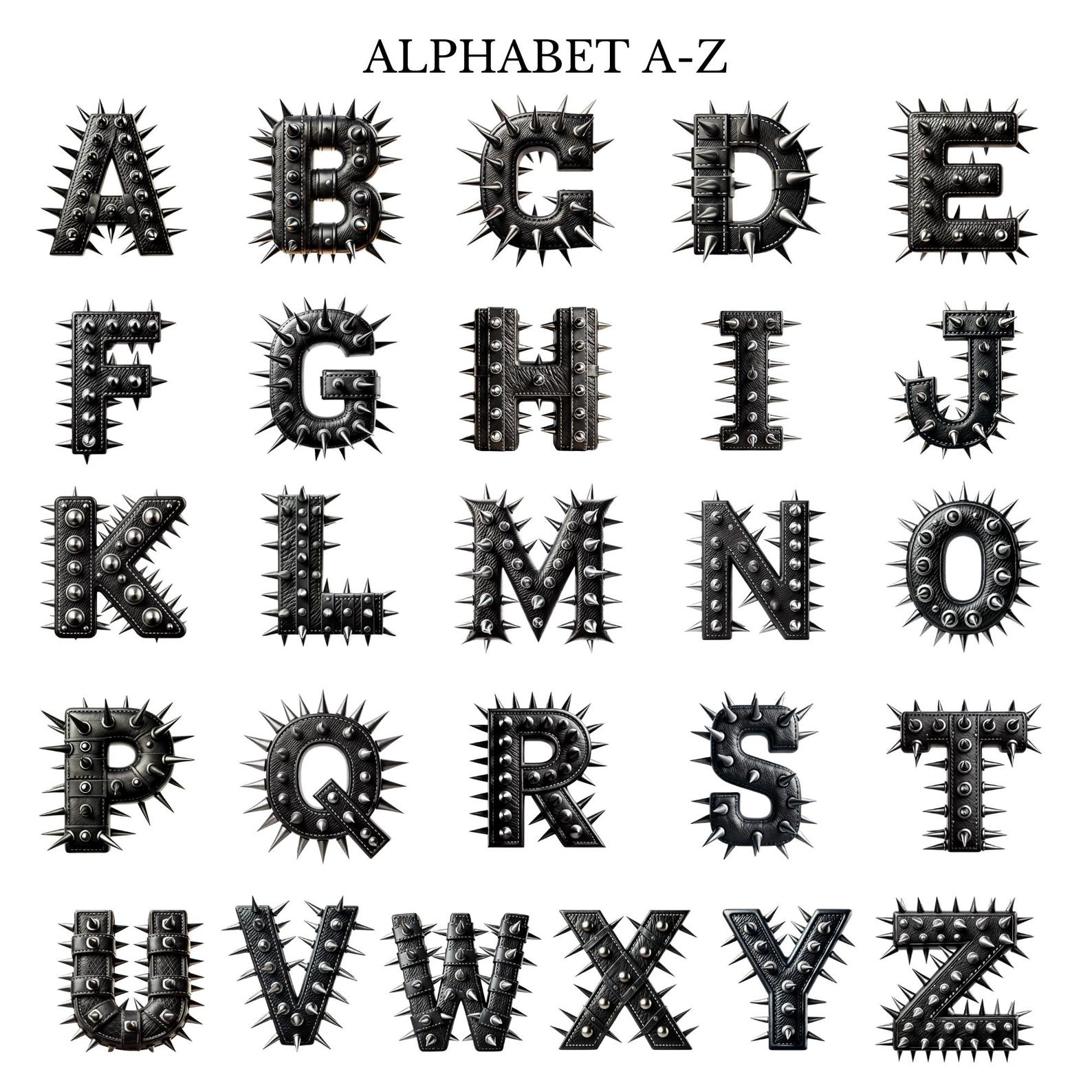 Punk Rock Alphabet Clipart A-Z, Numbers 1-9, 300 DPI PNG, Spiked ...