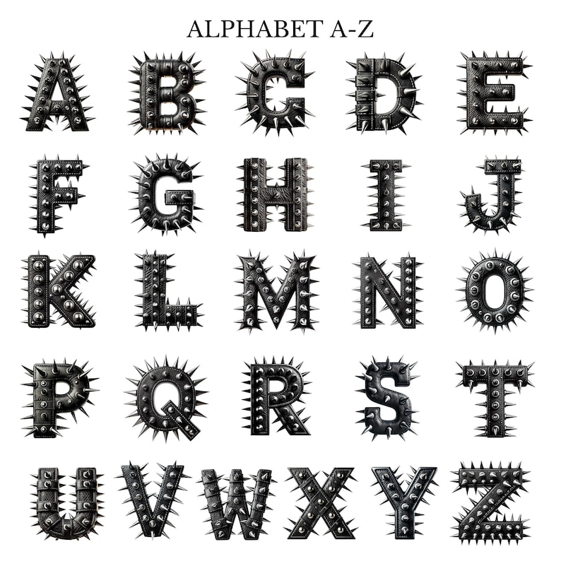 Punk Rock Alphabet Clipart A-Z, Numbers 1-9, 300 DPI PNG, Spiked ...