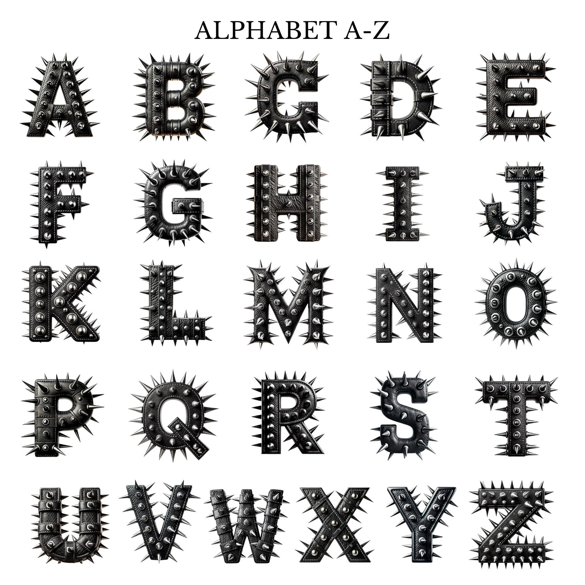 Punk Rock Alphabet Clipart A-Z, Numbers 1-9, 300 DPI PNG, Spiked ...