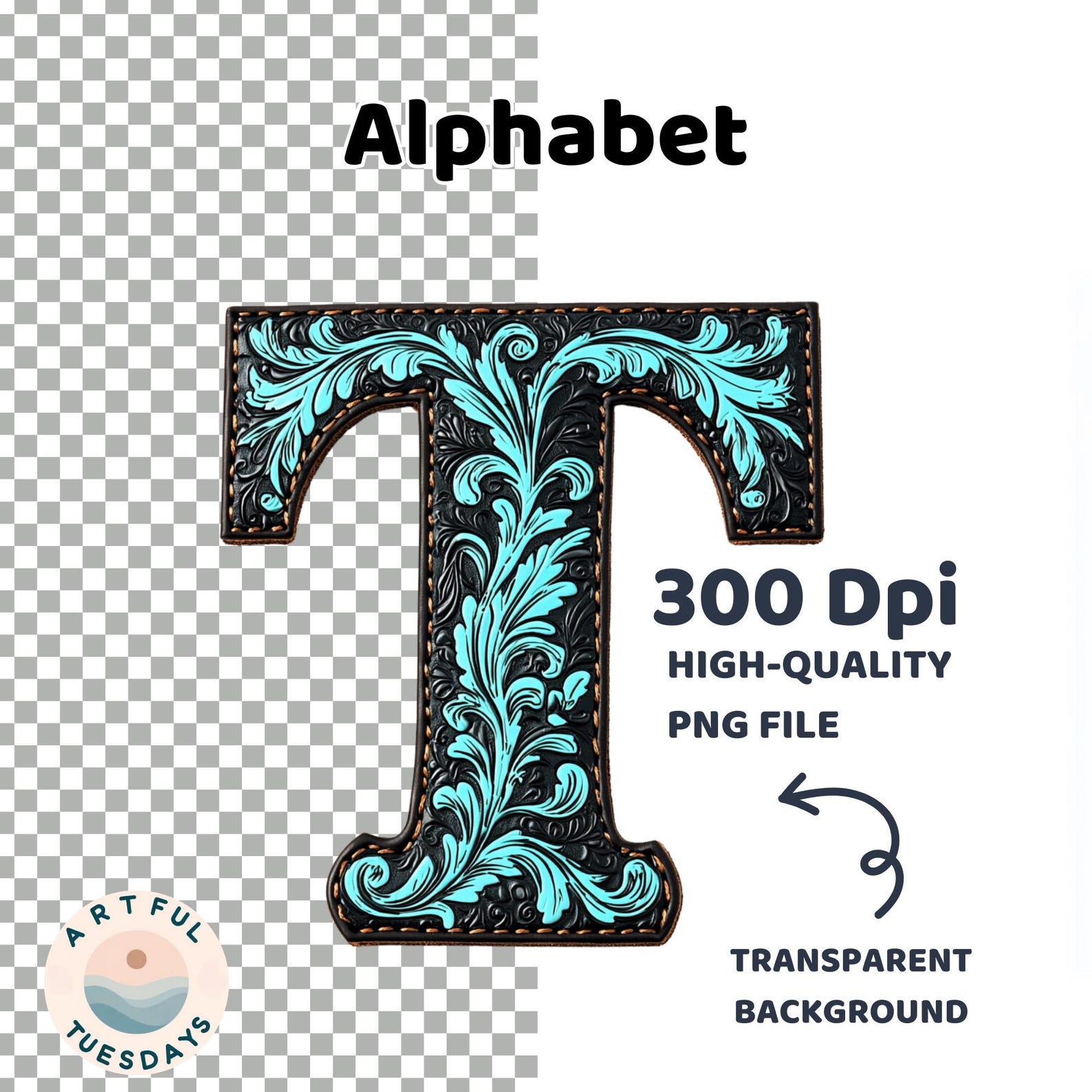 Western Tooled Leather Alphabet Clipart: Cowboy Floral Letters (PNG ...