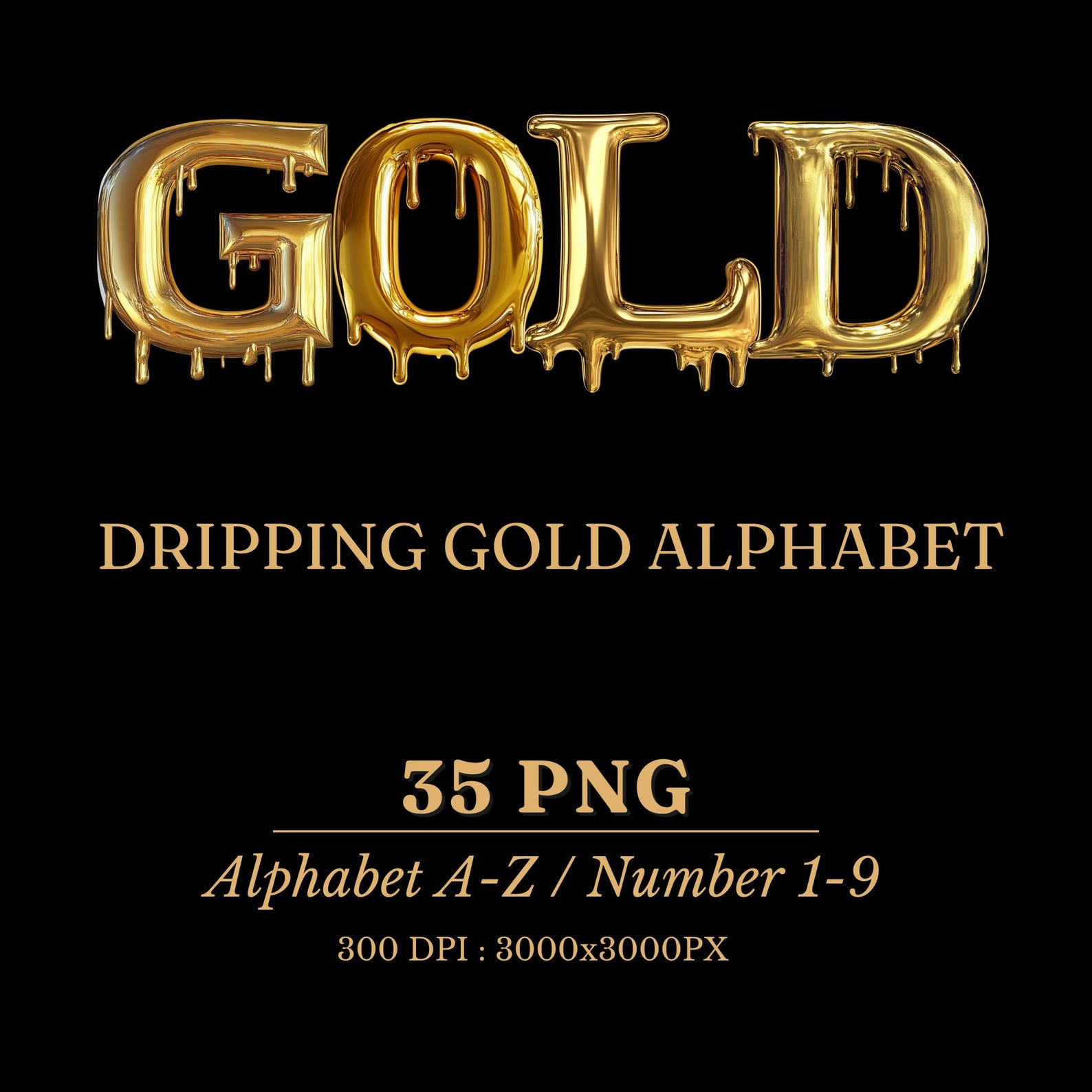 Dripping Gold Alphabet & Numbers Clip Art: 3D Golden Font (PNG Digital ...