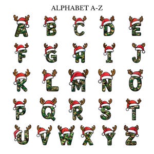 Christmas Camo Alphabet Clip Art A-Z & 0-9 | Santa Hat, Reindeer ...