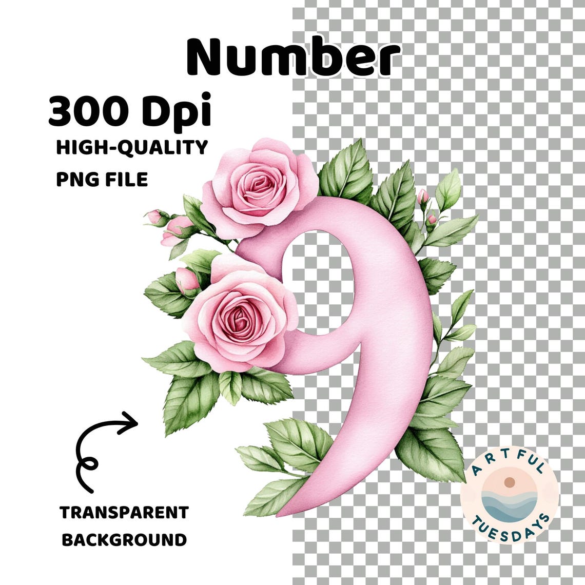 Floral Pink Rose Alphabet A-Z & Numbers 1-9 PNG, Watercolor Pink Rose ...