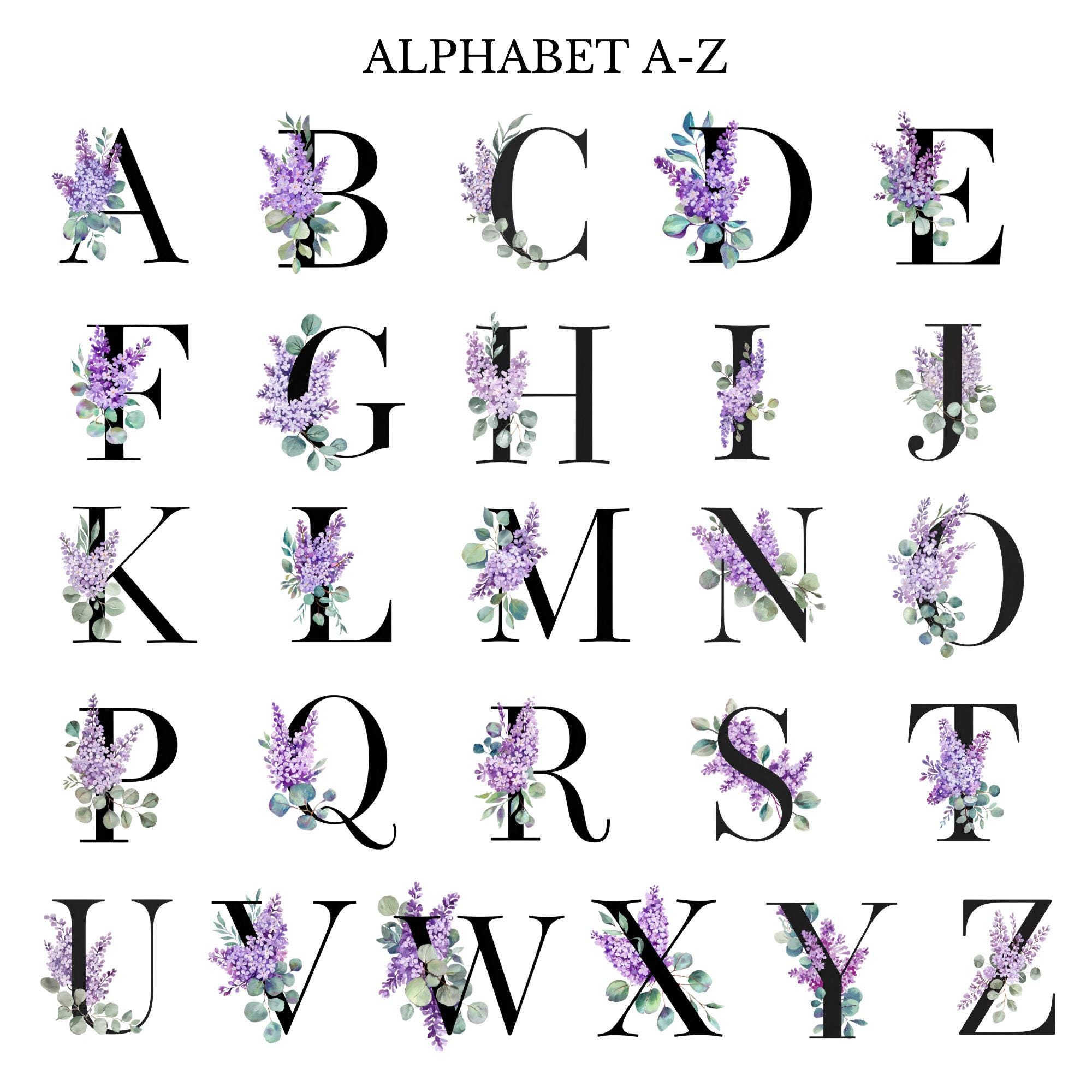 Floral Monogram Clipart: Lilac & Eucalyptus Watercolor Letters (digital ...