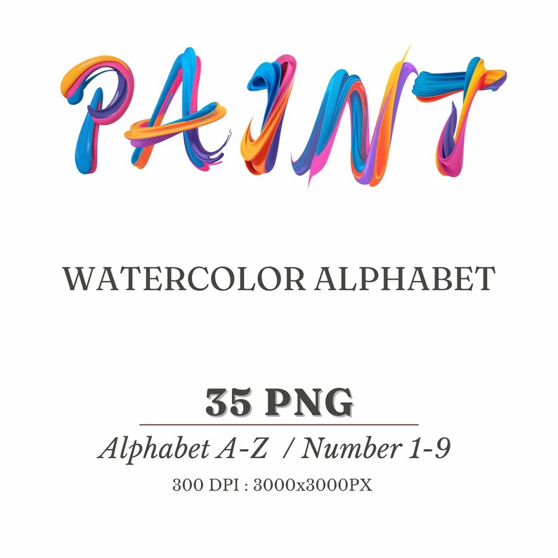 Watercolor Alphabet & Numbers Clipart: Paint Splatter Font (PNG, 300 ...