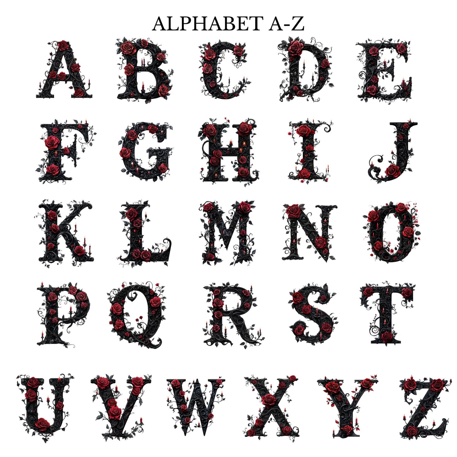 Gothic Rose Font Clip Art: Dark Alphabet, Numbers (PNG Digital Download ...